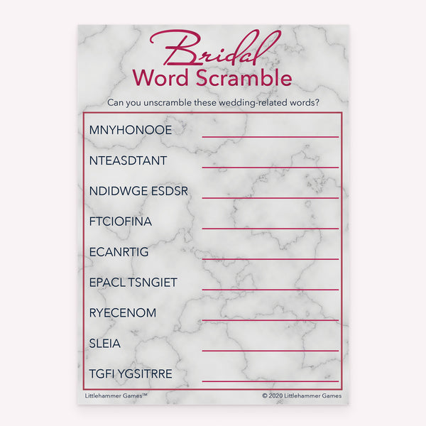 Bridal Word Scramble - Rose Gold Marble Printable Game Cards ...