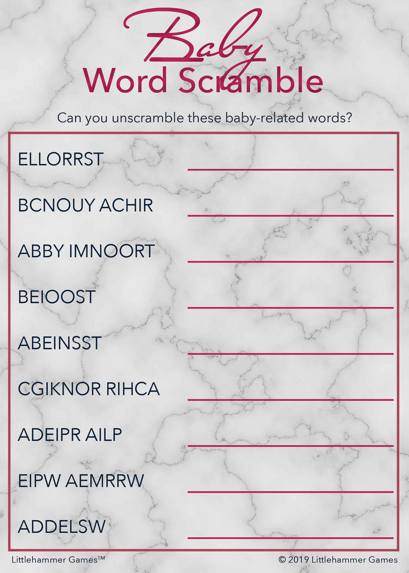 Baby Word Scramble - Rose Gold Marble Printable Game Cards ...