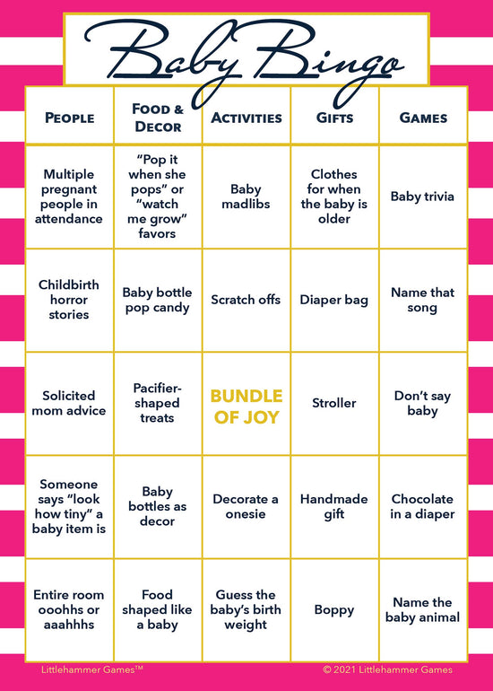 Baby Bingo - Hot Pink Striped Printable Game Cards – Littlehammer Games