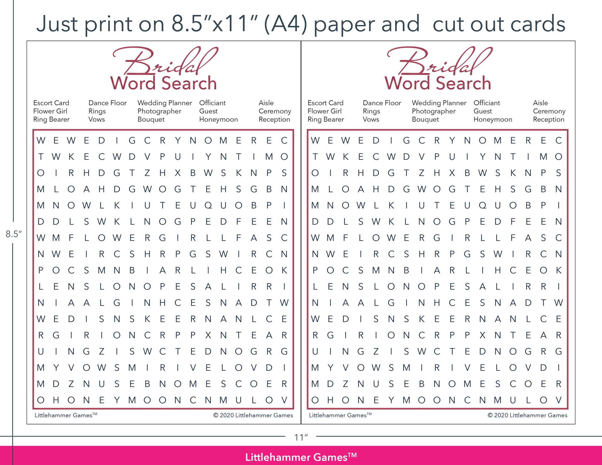 Bridal Word Search - Rose Gold Printable Game Cards – Littlehammer Games
