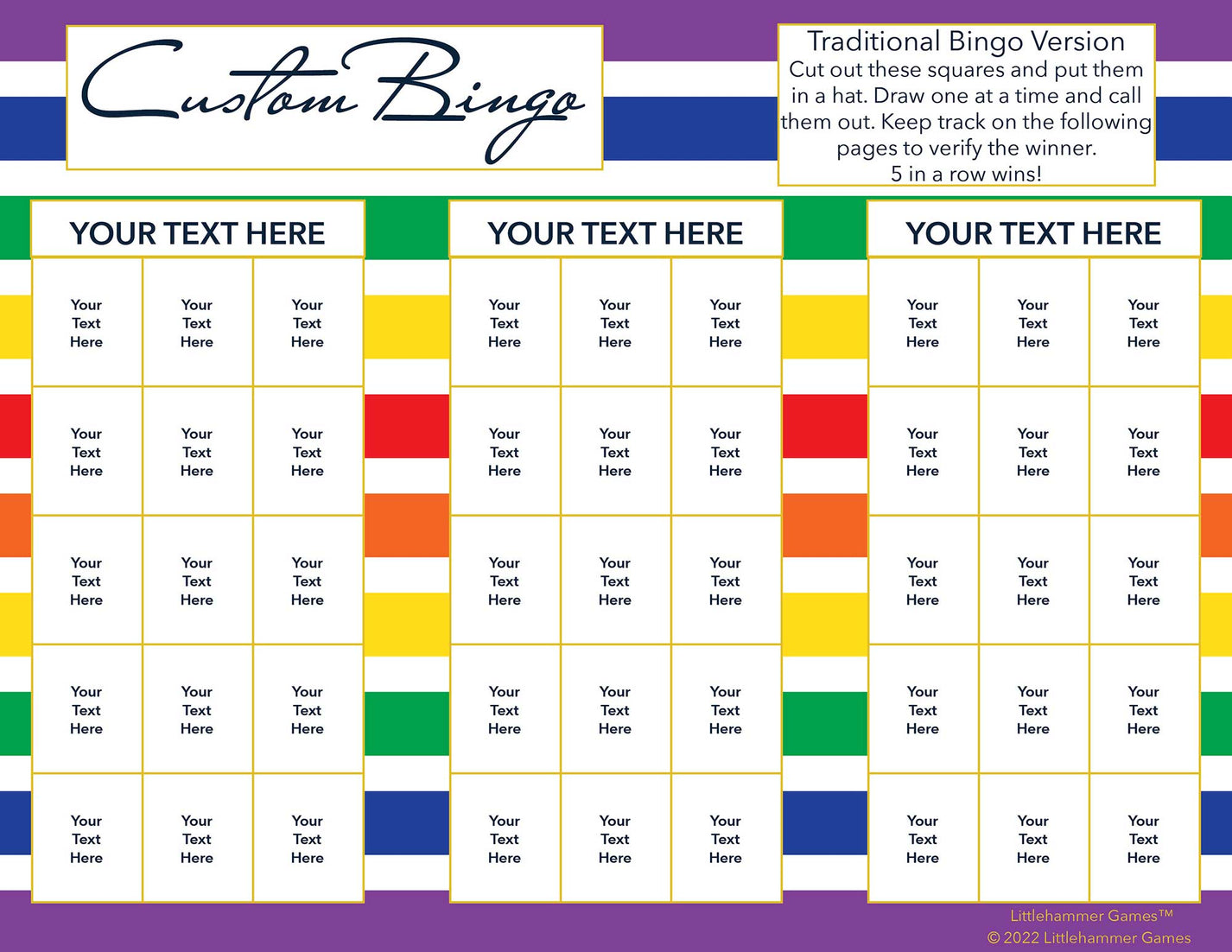 Custom Bingo Set - Rainbow Striped Printable Game Cards – Littlehammer ...