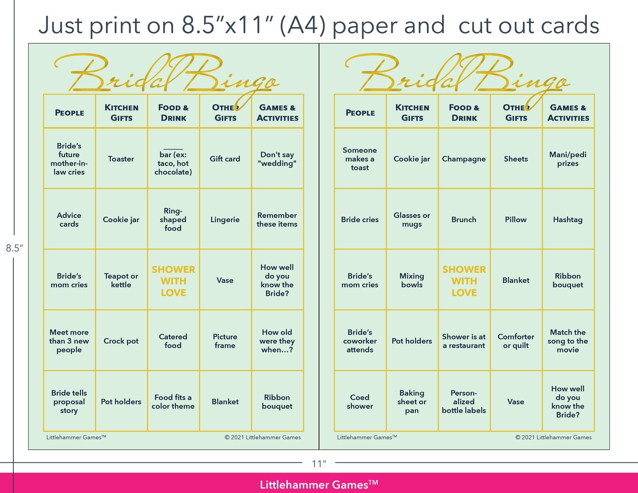 Bridal Bingo - Mint Printable Game Cards – Littlehammer Games