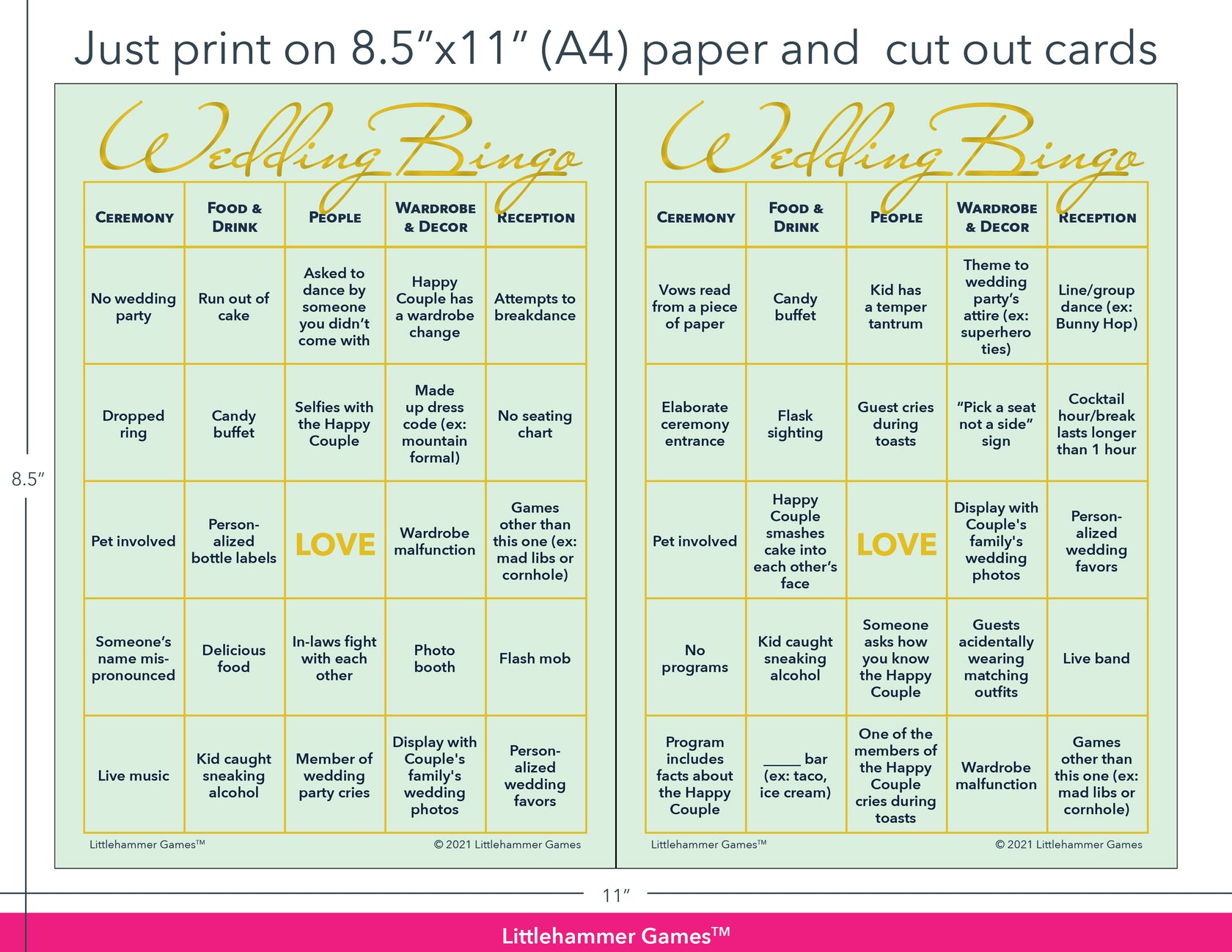 Wedding Bingo - Mint and Gold Printable Game Cards – Littlehammer Games