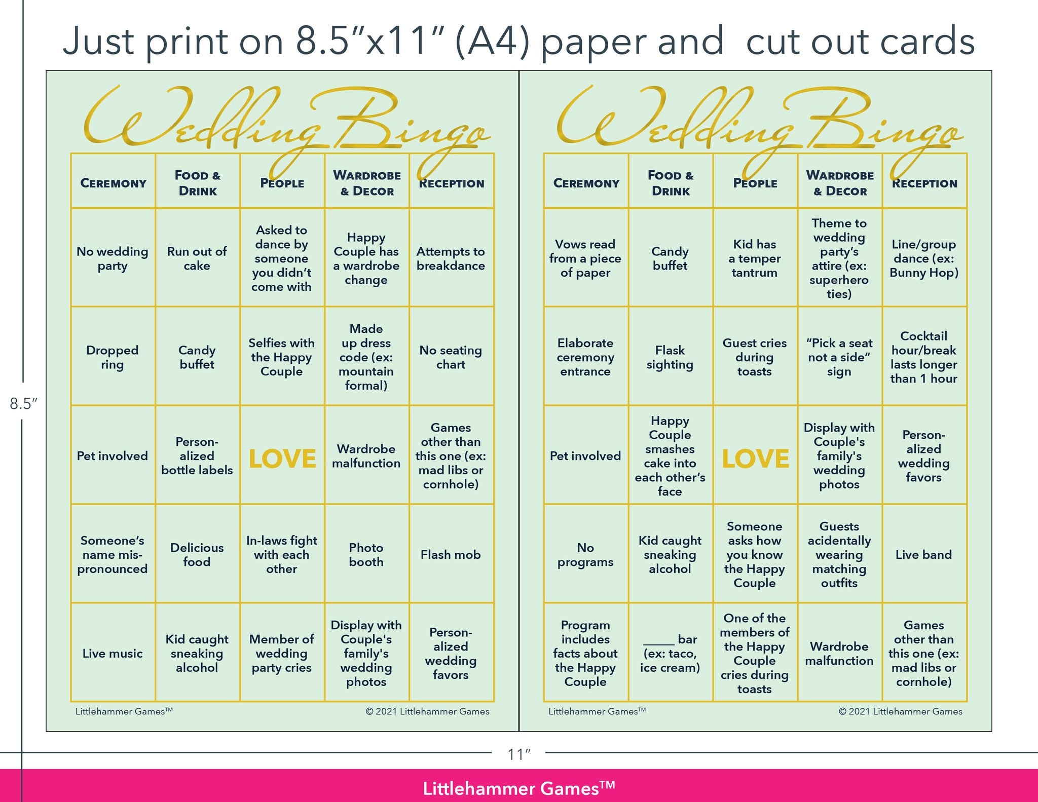 Wedding Bingo - Mint and Gold Printable Game Cards – Littlehammer Games